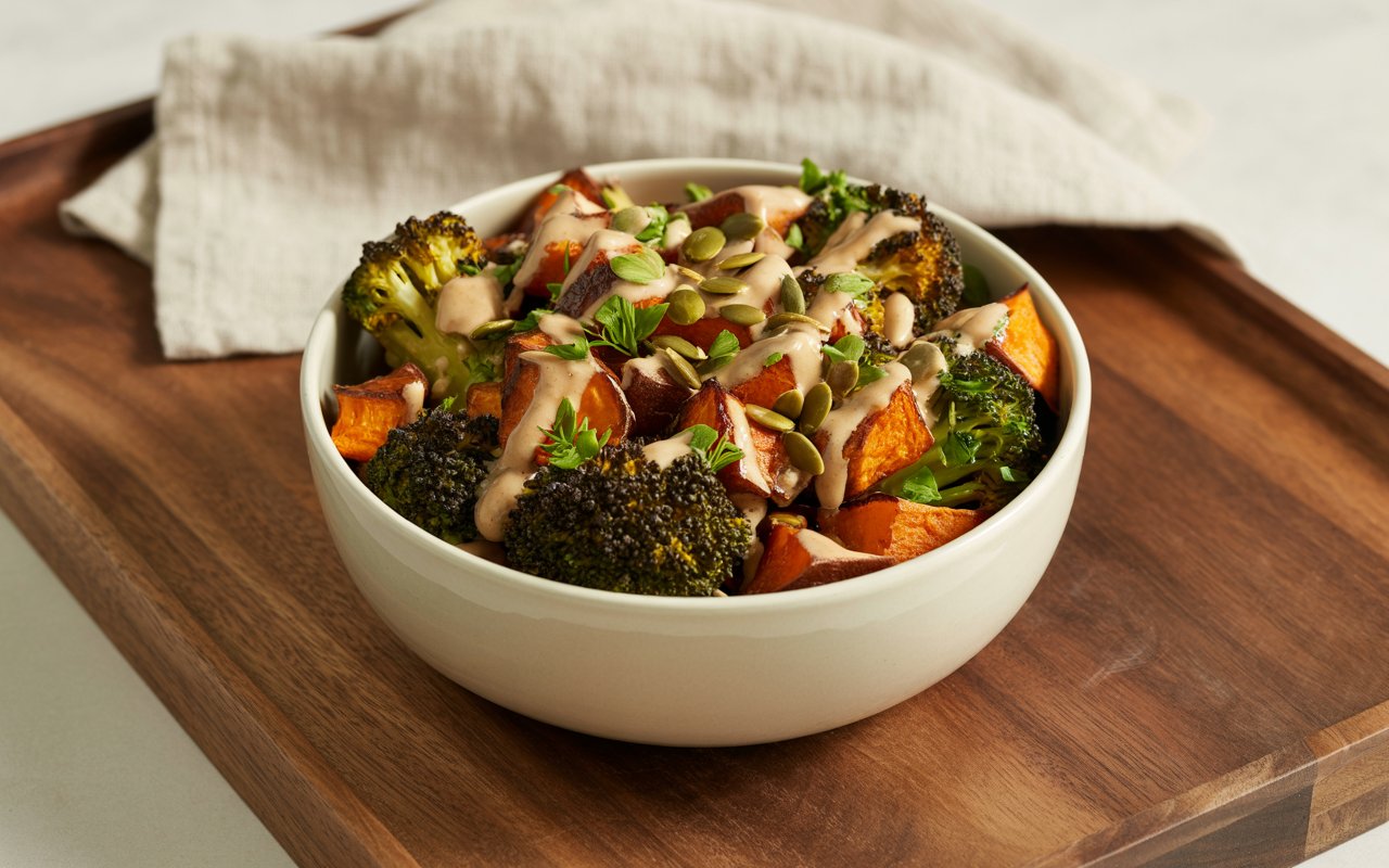 Roasted Broccoli & Sweet Potato Bowl with Maple Dijon – Blessedish